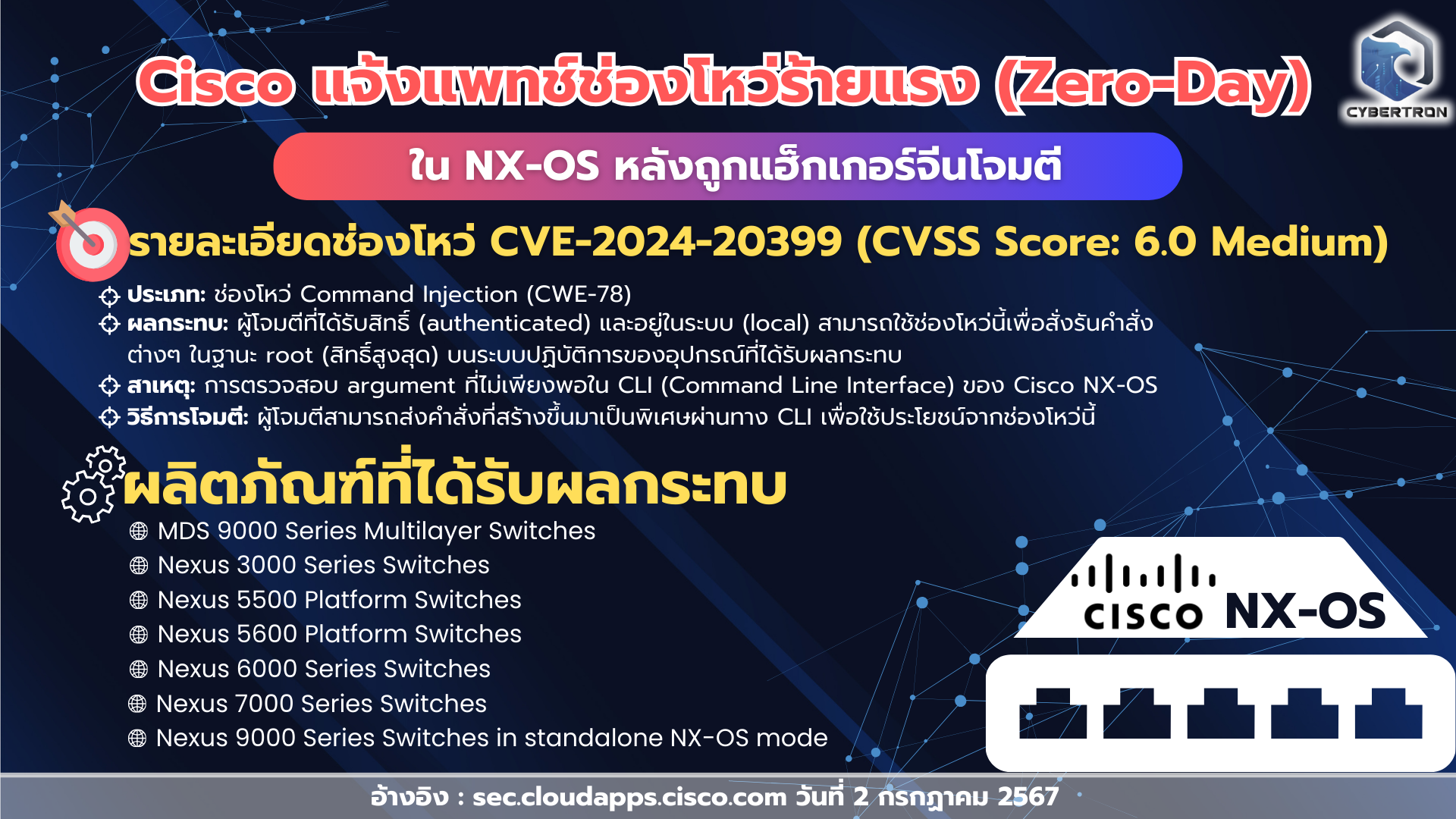 Cisco แจ้งพบช่องโหว่ร้ายแรง (Zero-Day) ใน NX-OS หลังถูก Hacker จีนโจมตี ...